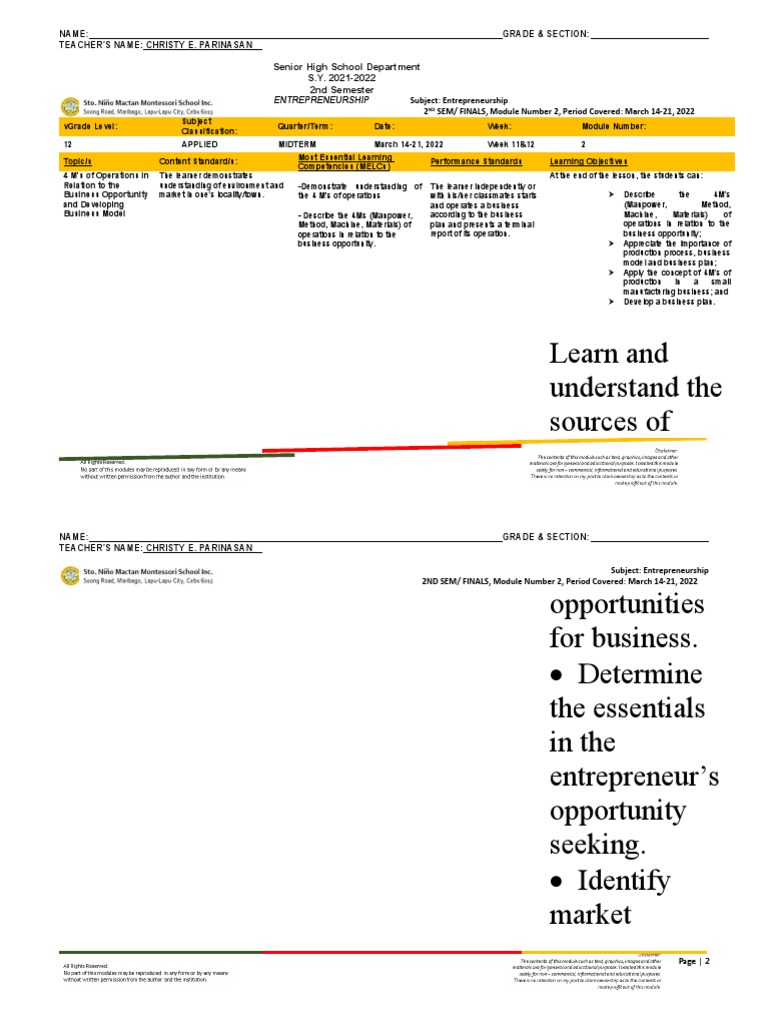 Entrepreneurship- Module 2 (Finals) | PDF | Entrepreneurship | Business ...