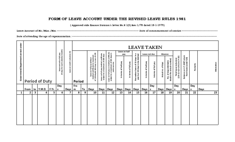 Form For Leave Account Under The Revised Leave Rules 1981 | PDF ...