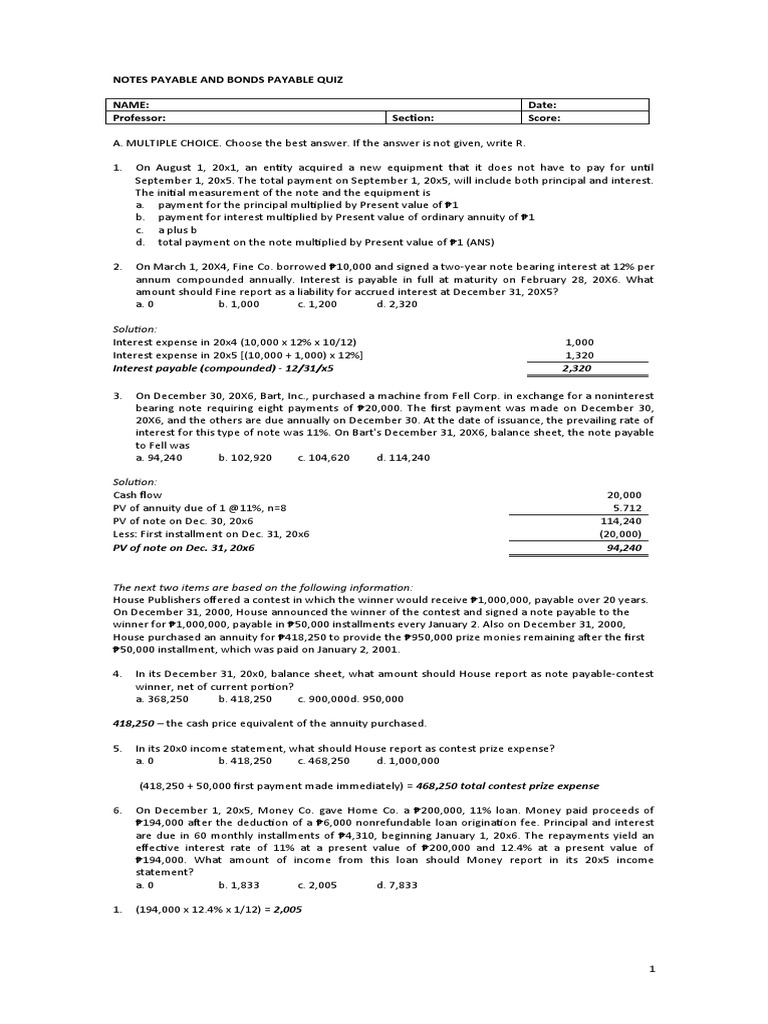 Notes Payable and Bonds Payable - Quiz - With Answers - For Posting ...