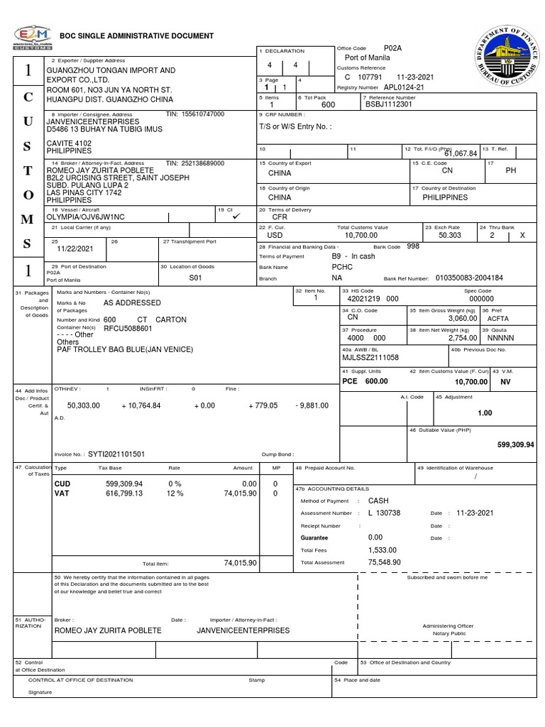 C U S T O M S: Boc Single Administrative Document | PDF | Taxes | Value ...
