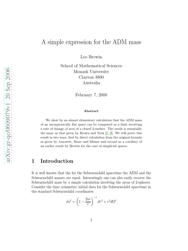 A Simple Expression For The ADM Mass | Download Free PDF | Spacetime ...