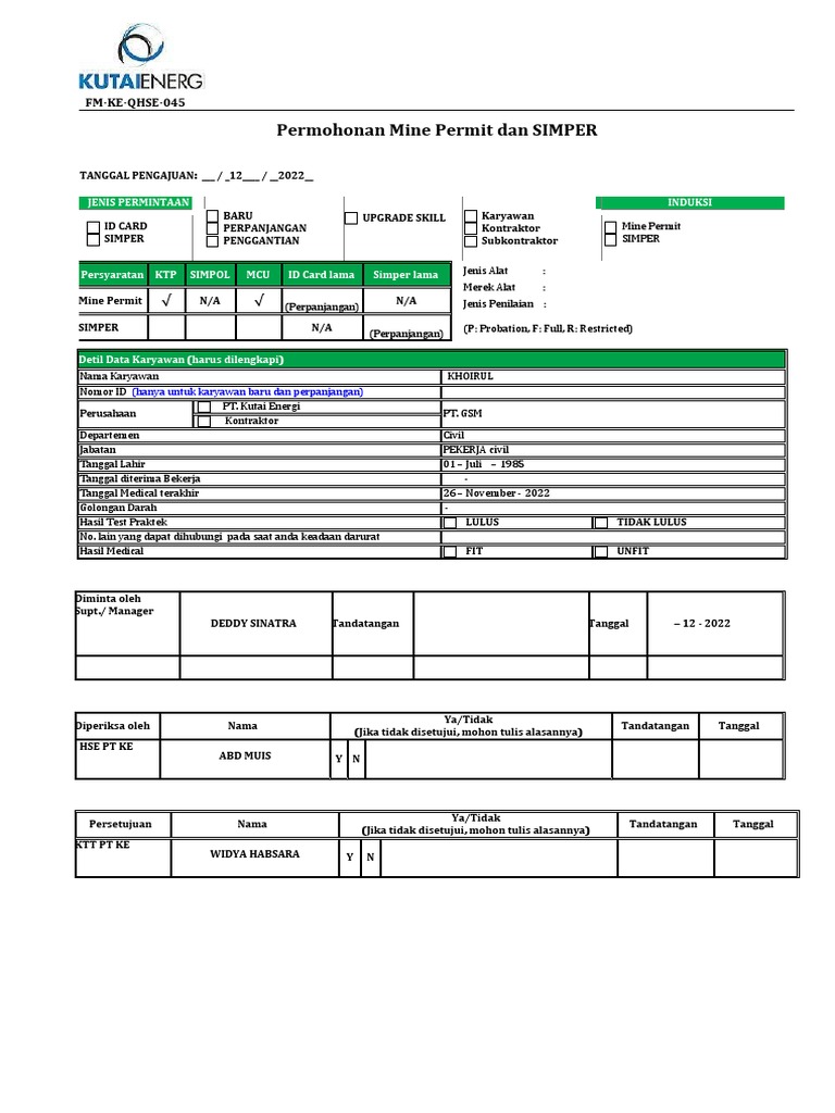 FM-KE-QHSE-045 Permohonan Mine Permit | PDF