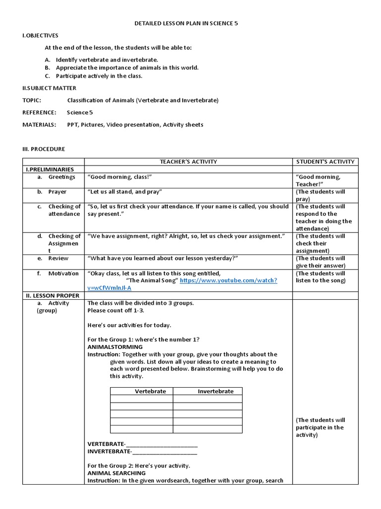 Detailed Lesson Plan in Science 5 | PDF | Invertebrate | Vertebrates