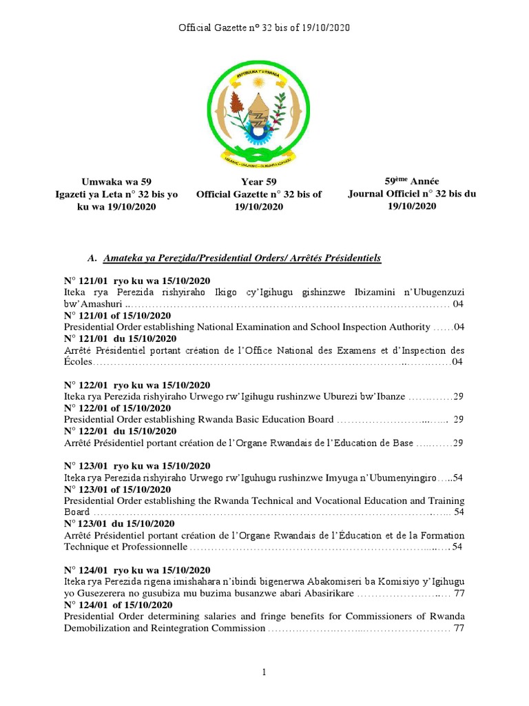 32 Bis OG 32bis of 19.10.2020 NESA REB RTB Structures MINALOC MOE REMA ...