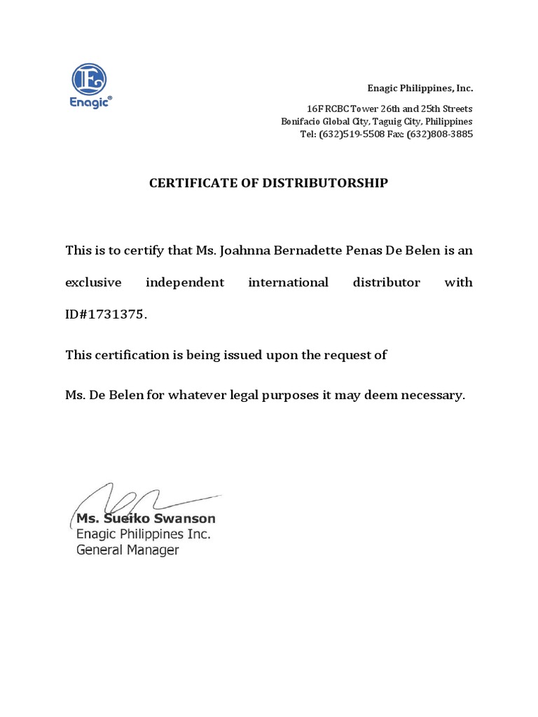 Certificate of Distributorship | PDF