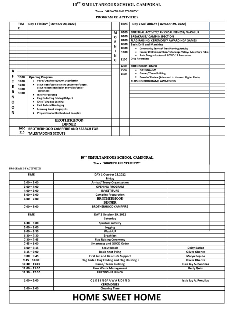 10th School Camporal Program Overview | PDF | Scouting | Outdoor ...