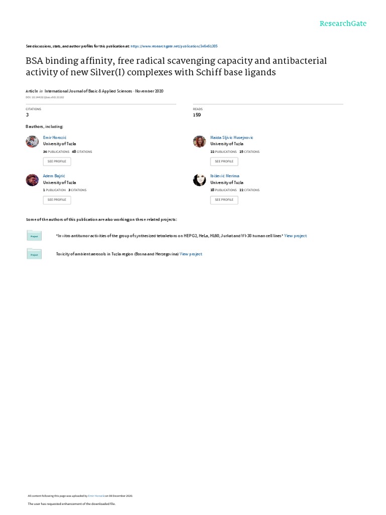 BSA Binding Affinity, Free Radical Scavenging Capacity and ...