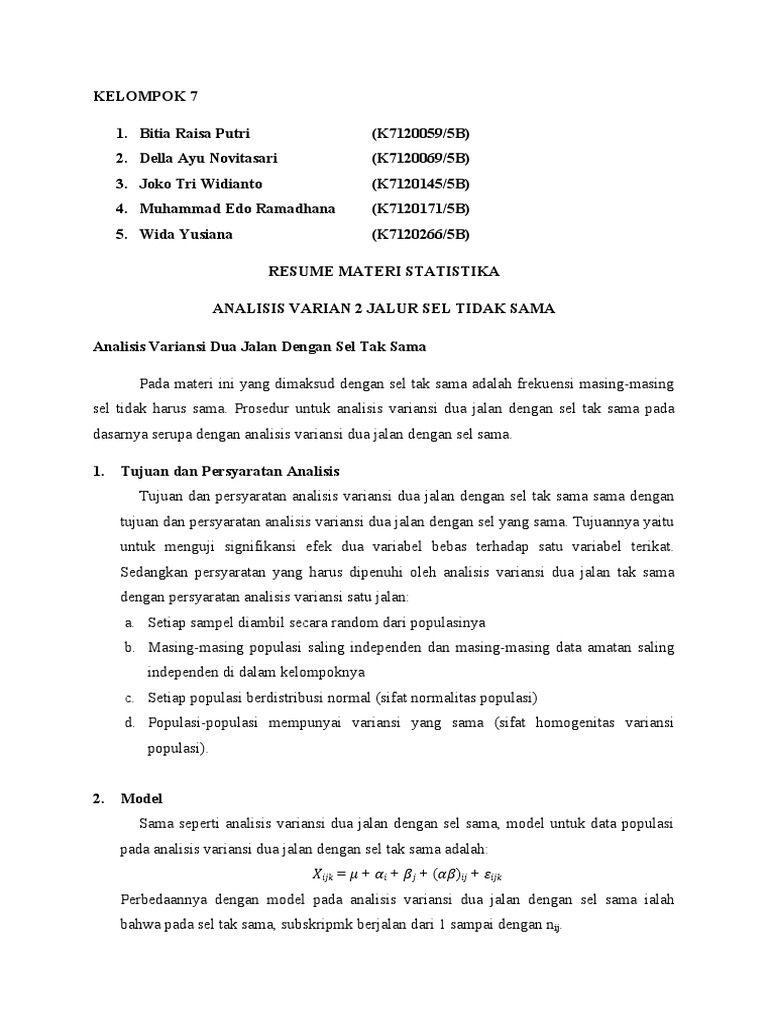 KELOMPOK 7 - Resume Analisis Variansi 2 Jalur Sel Tak Sama | PDF