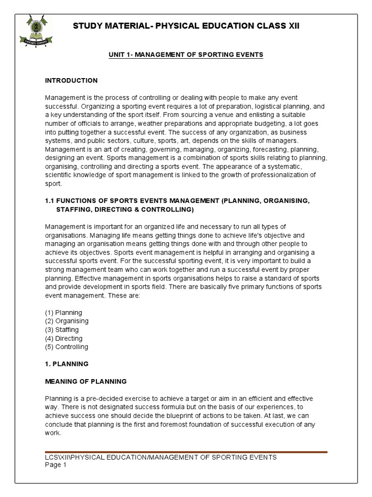 Managment of Sporting Events - Xii | PDF | Human Resources | Tournament