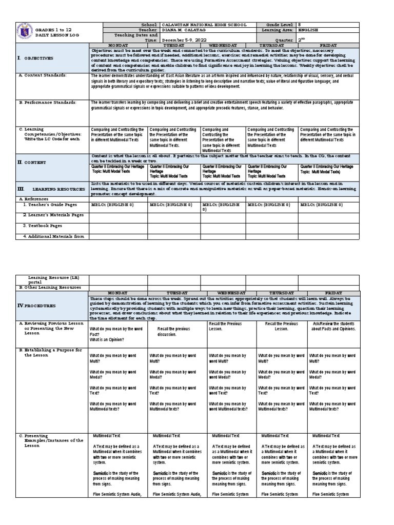 DLL-ENG8-Second Quarer Week 4 - Edited | PDF | Learning | Gesture