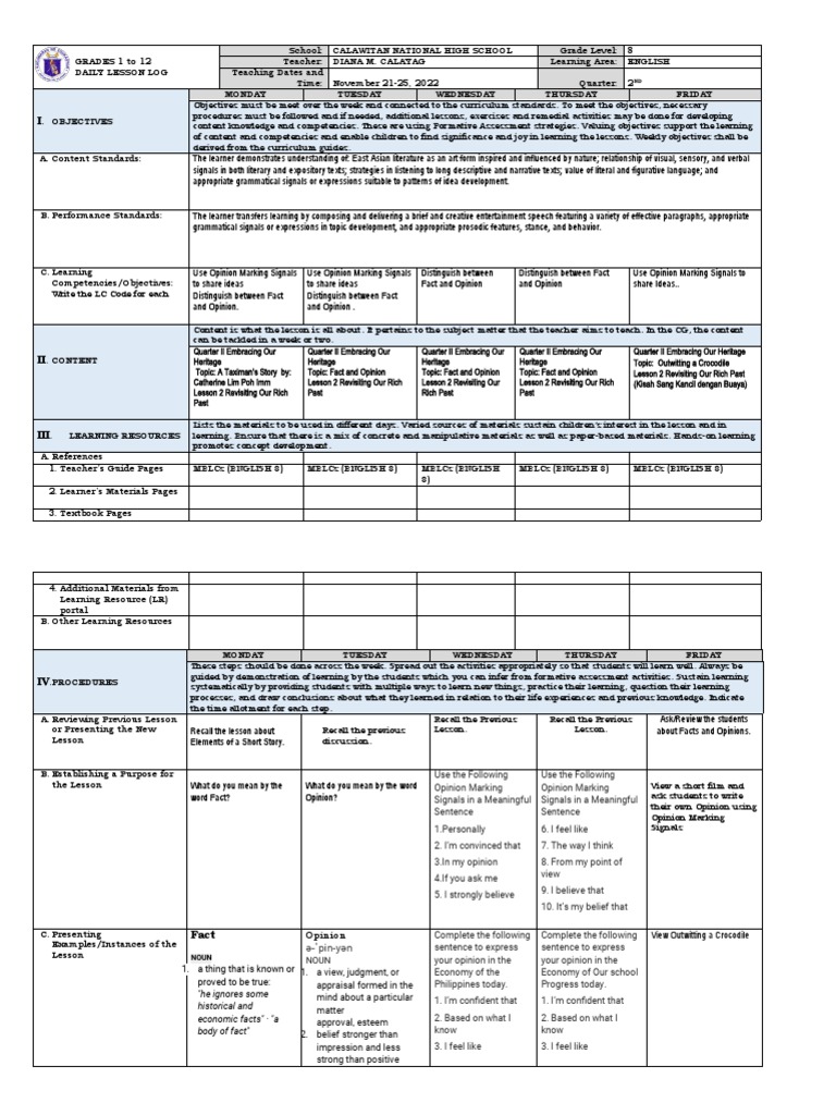 DLL-ENG8-Second Quarer Week 4 - Edited | PDF | Learning | Teachers