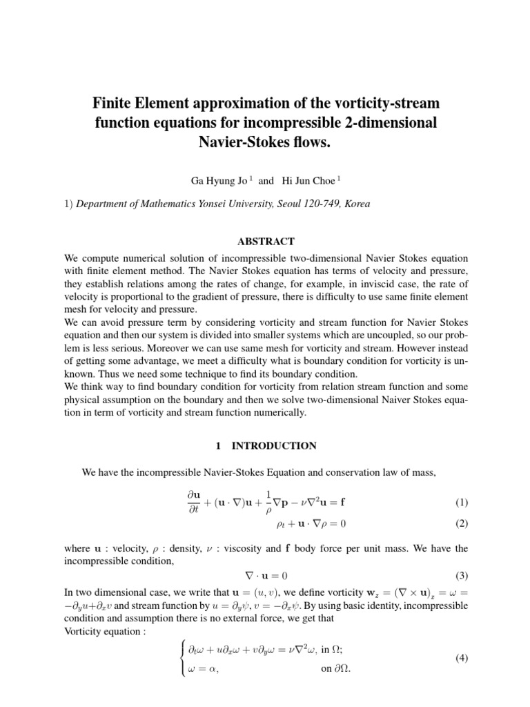 Finite Element Approximation Of The Vorticity Stream Function Equations For Incompressible 2