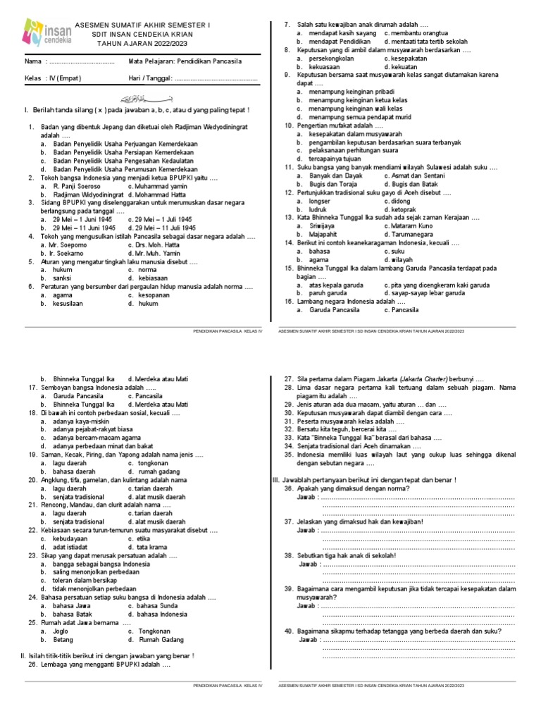 SAS 1 Pendidikan Pancasila KELAS 4 22-23 | PDF