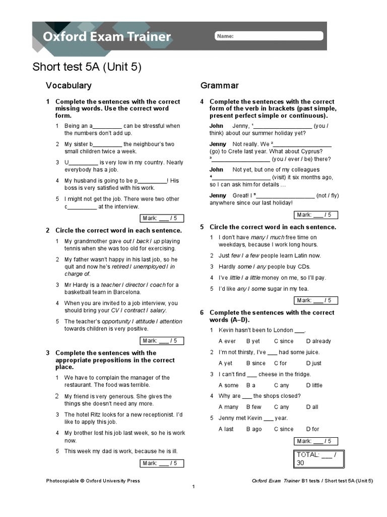 OET B1 Short Test Unit 5 A + B | PDF