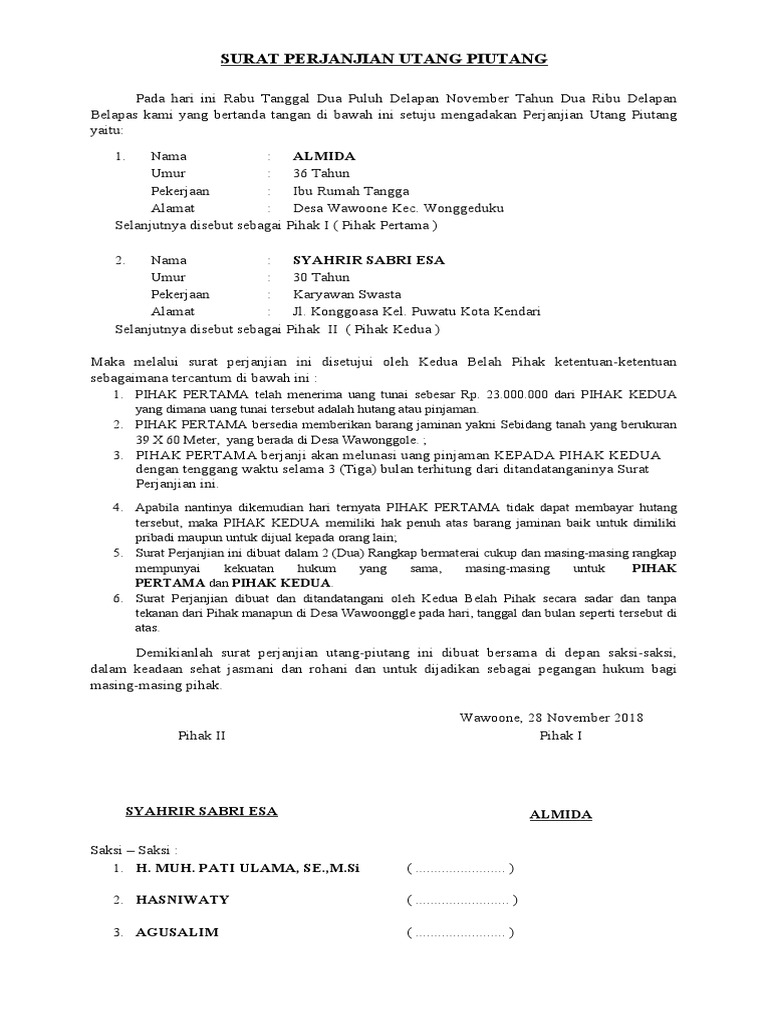 Surat Perjanjian Utang Piutang | PDF