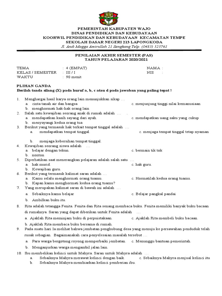 Soal Pas (Tema 4) | PDF | Griya & Taman