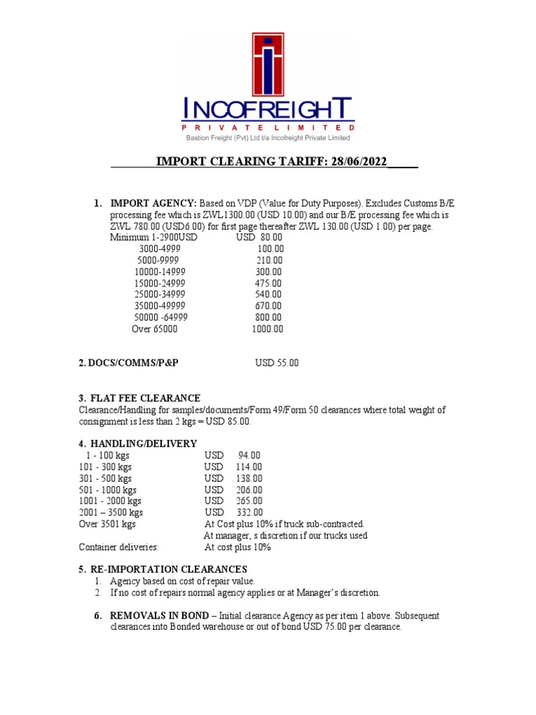 Imp Clearing Tariff 28.06.2022 | PDF | Fee | Customs