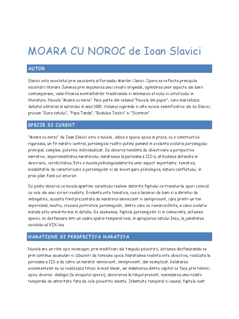 Ioan Slavici - Moara Cu Noroc - Eseu Argumentativ | PDF