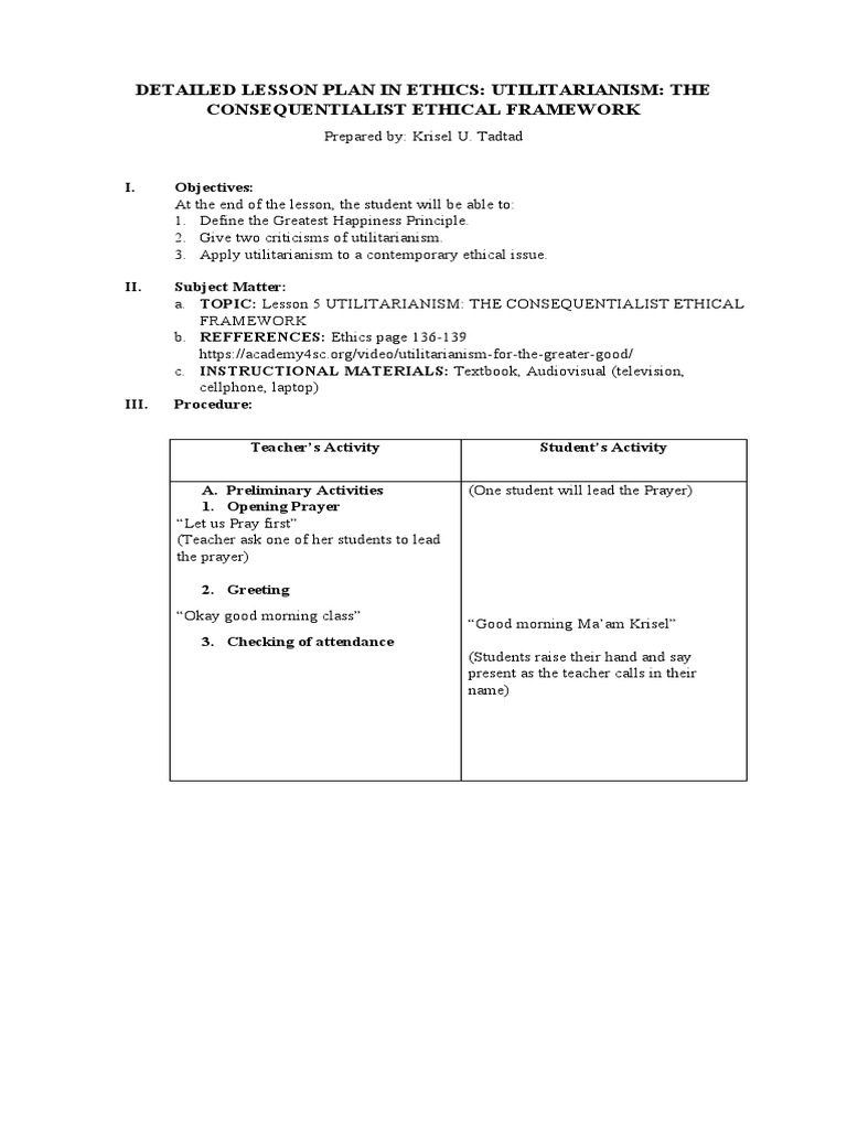 Detailed Lesson Plan in Ethics | PDF | Utilitarianism | Pleasure