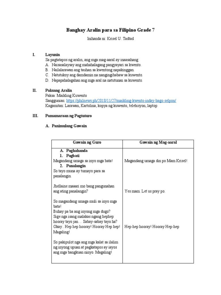 Banghay Aralin para Sa Filipino | PDF