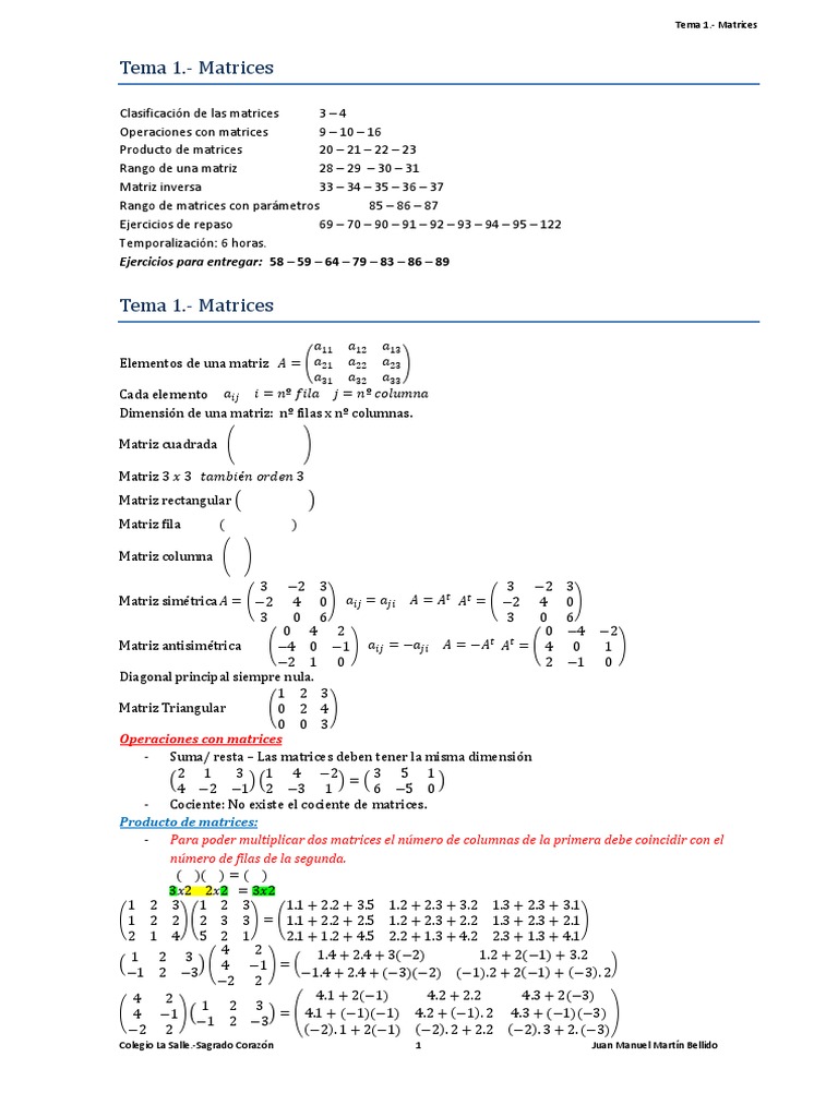 Tema 1. - Matrices - Teoría y Ejercicios de Clase | Descargar gratis PDF | Matriz (Matemáticas ...