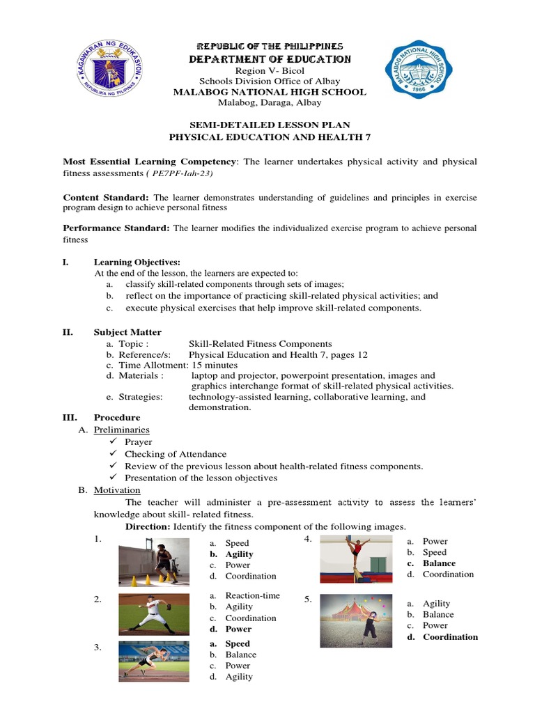 Lesson Plan in Skill-Related Components | PDF | Physical Fitness ...