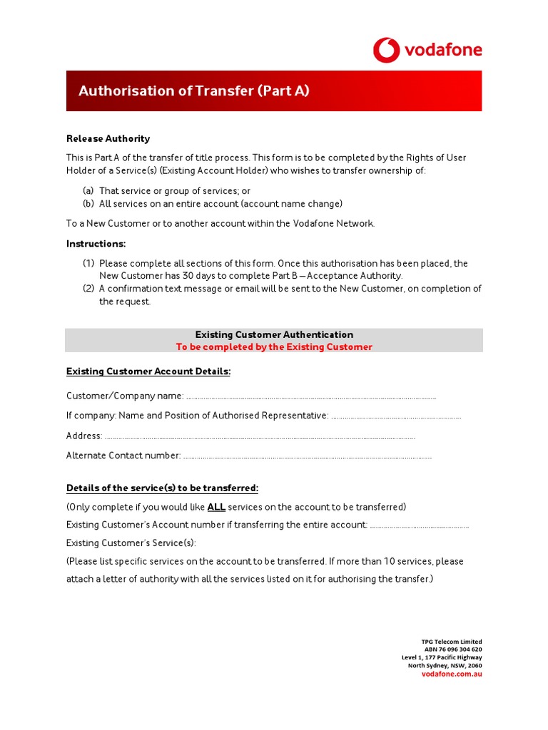 Authorisation - of - Transfer - Part - A Vodafone | PDF ...