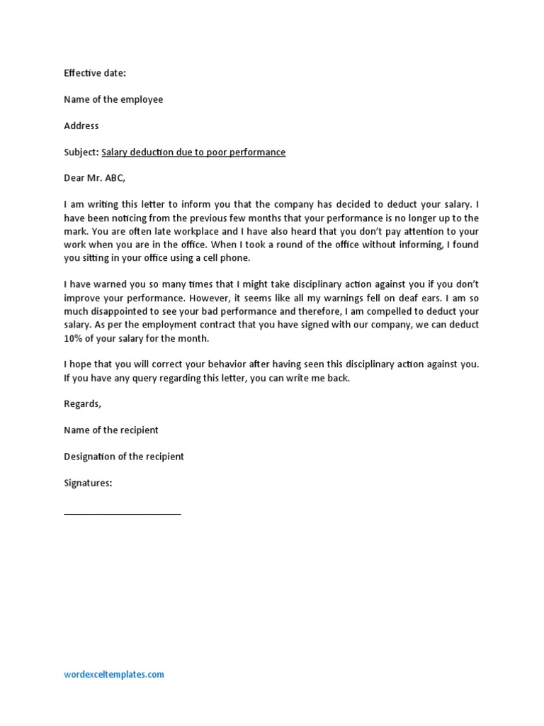 Salary Deduction Letter Due To Employee's Poor Performance | PDF ...