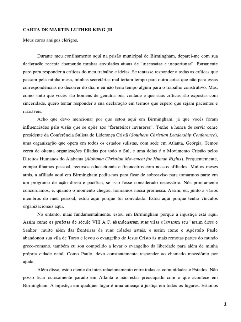 Carta de Martin Luther King JR | PDF | Igreja cristã | Liberdade