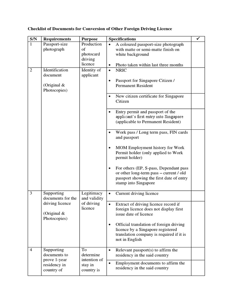 Checklist of Documents For Conversion of Other Foreign Driving Licence ...