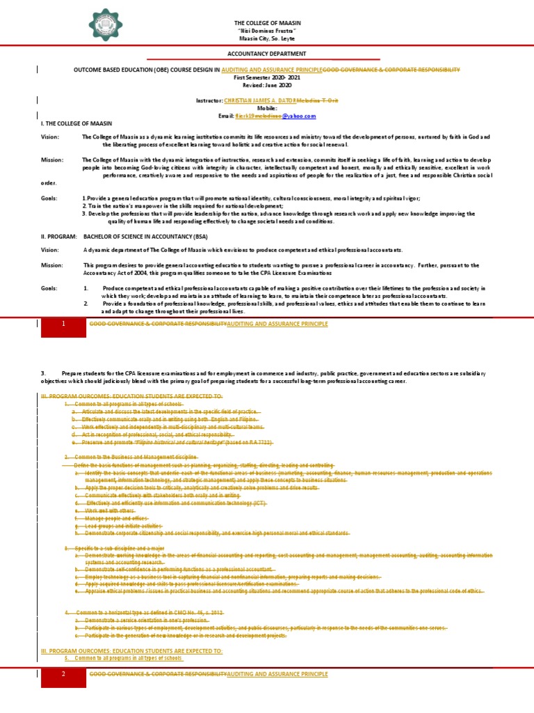 OBE AUDITING and Assurance Principle SYLLABUS | PDF | Audit | Financial Audit