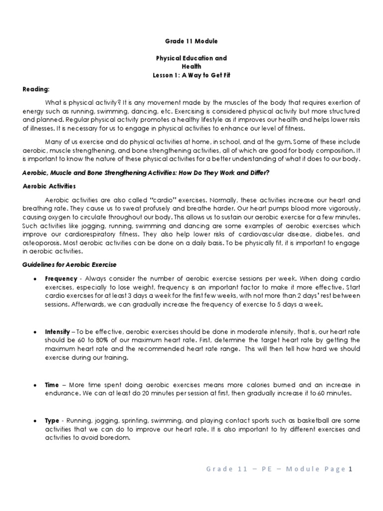 GRADE 11 PE MODULE 1st Quarter | PDF | Aerobic Exercise | Physical Fitness