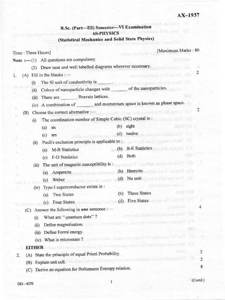 B.Sc. Physics Exam Questions on Statistics, Mechanics and Solid State ...