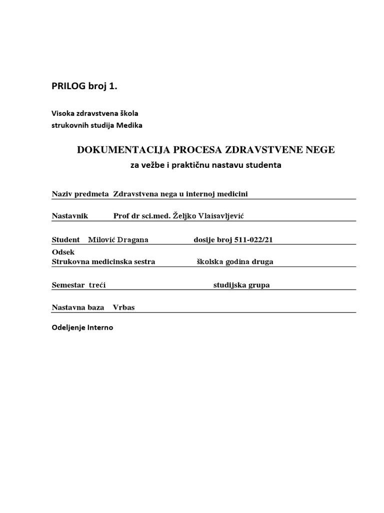 Dokumentacija Procesa Zdravstvene Nege Interna Medicina Pismo | PDF