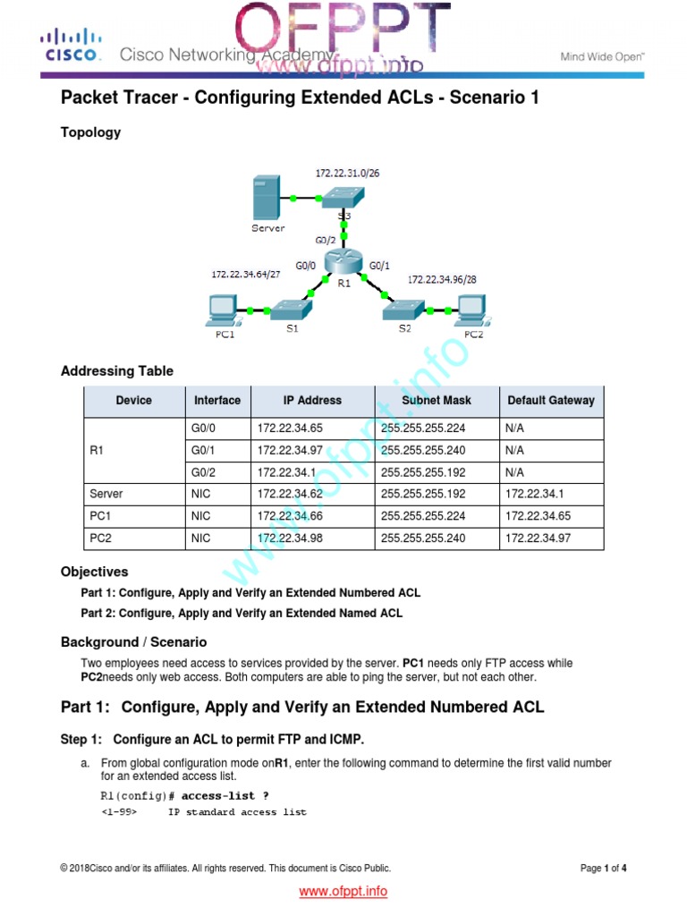 4.1.1.10 Packet Tracer Configuring Extended ACLs Scenario 1 | PDF | Port (Computer Networking ...
