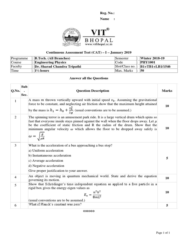 Engineering Physics CAT Exam 2019 | PDF | Acceleration | Physics
