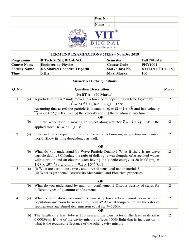 Phy1001 1153 Engineering Physics 100015 Dr Sharad Chandra Tripathi
