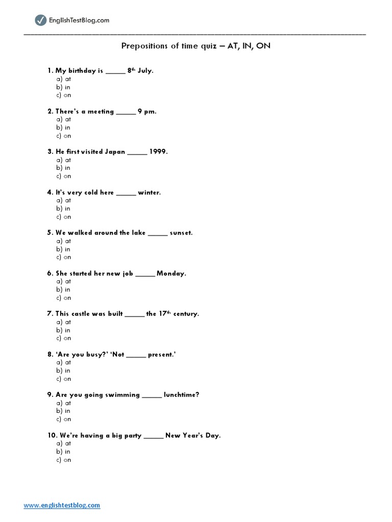 Prepositions of Time Quiz - At, In, On | PDF