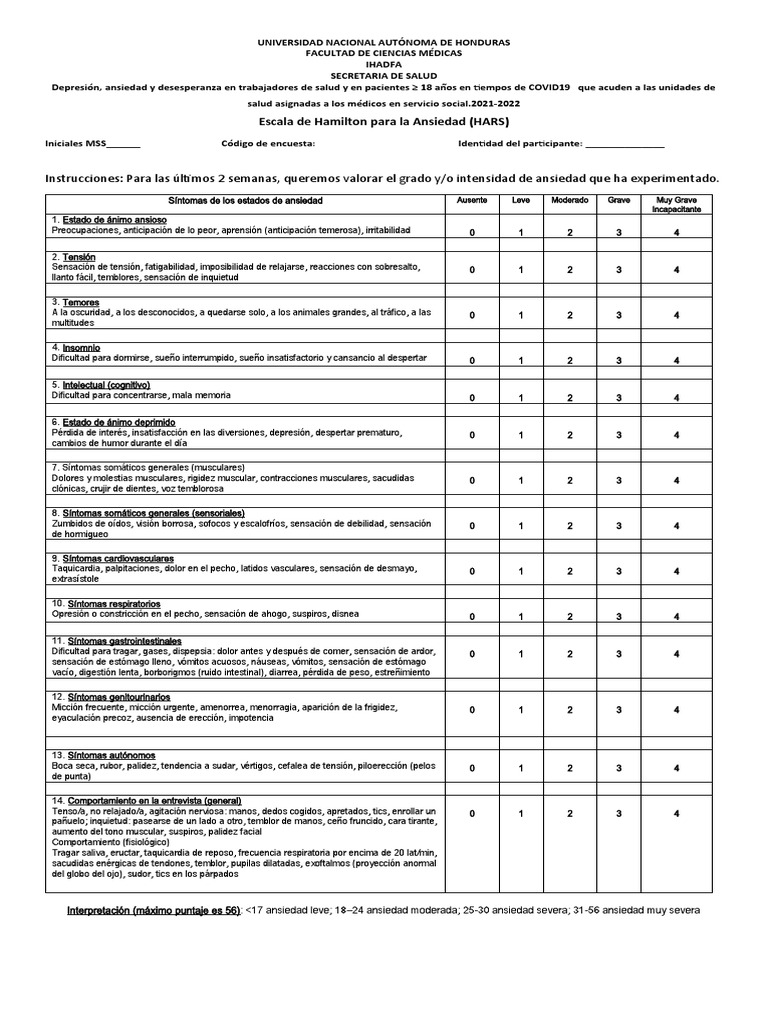 Escala de Hamilton para La Ansiedad - Final | PDF | Depresión (estado ...