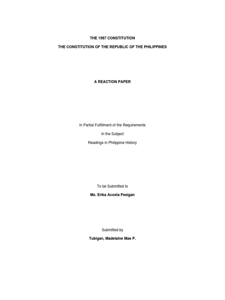 The 1987 Constitution Reaction Paper | PDF | Constitution | Public Law