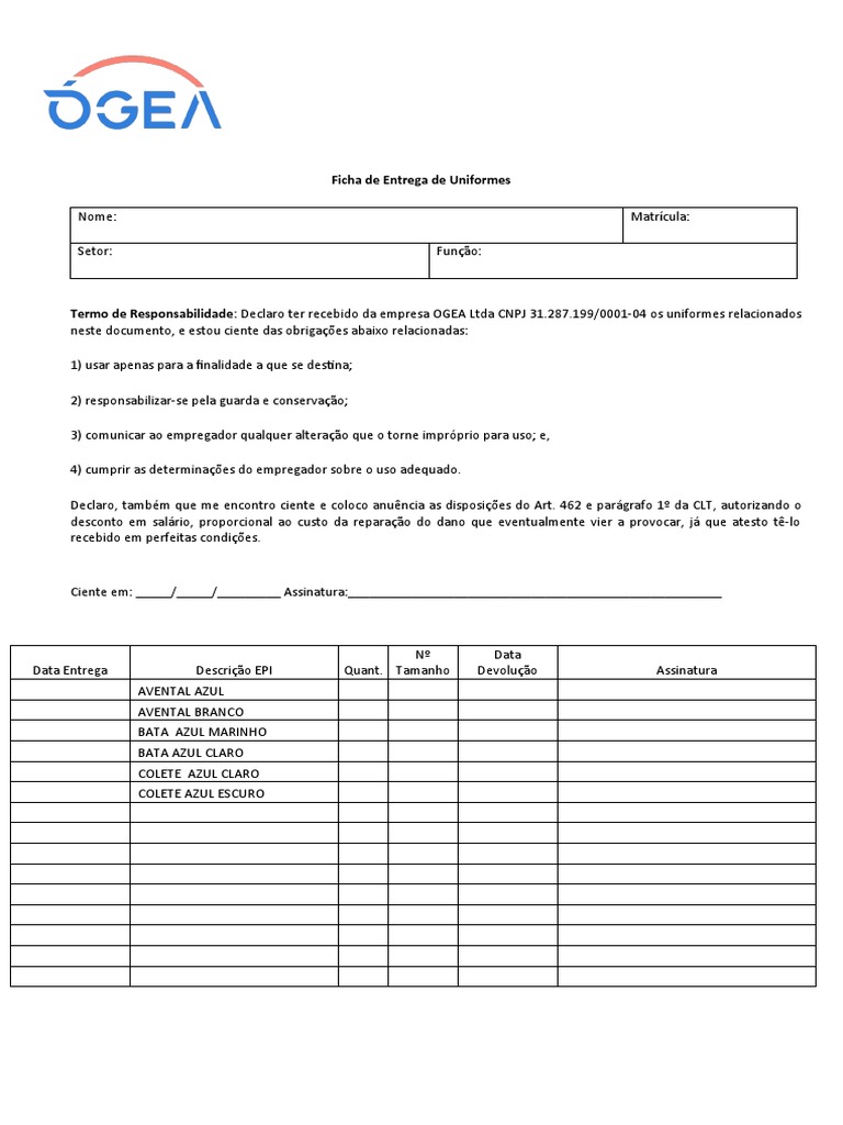 Termos De Responsabilidade E Entrega De Uniformes Pdf Business