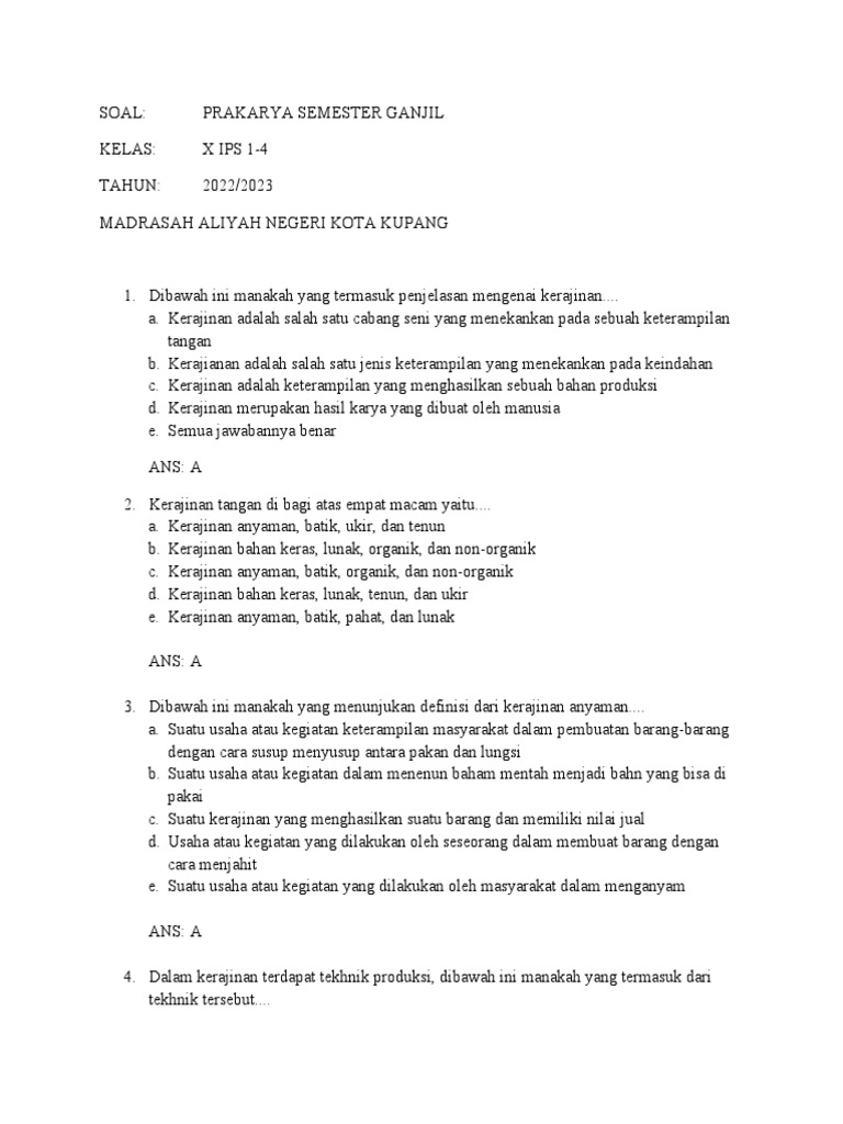 Soal Prakarya Semester Ganjil 2022 | PDF
