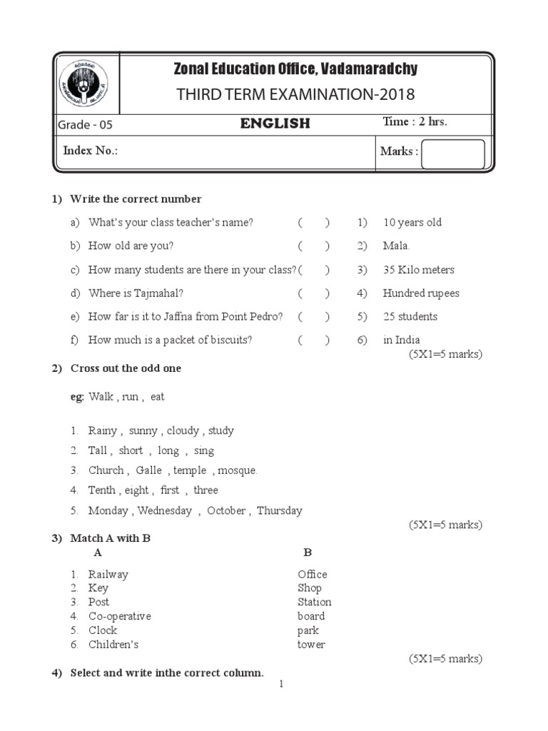Grade 5 - English - 3rd Term 2018 | PDF