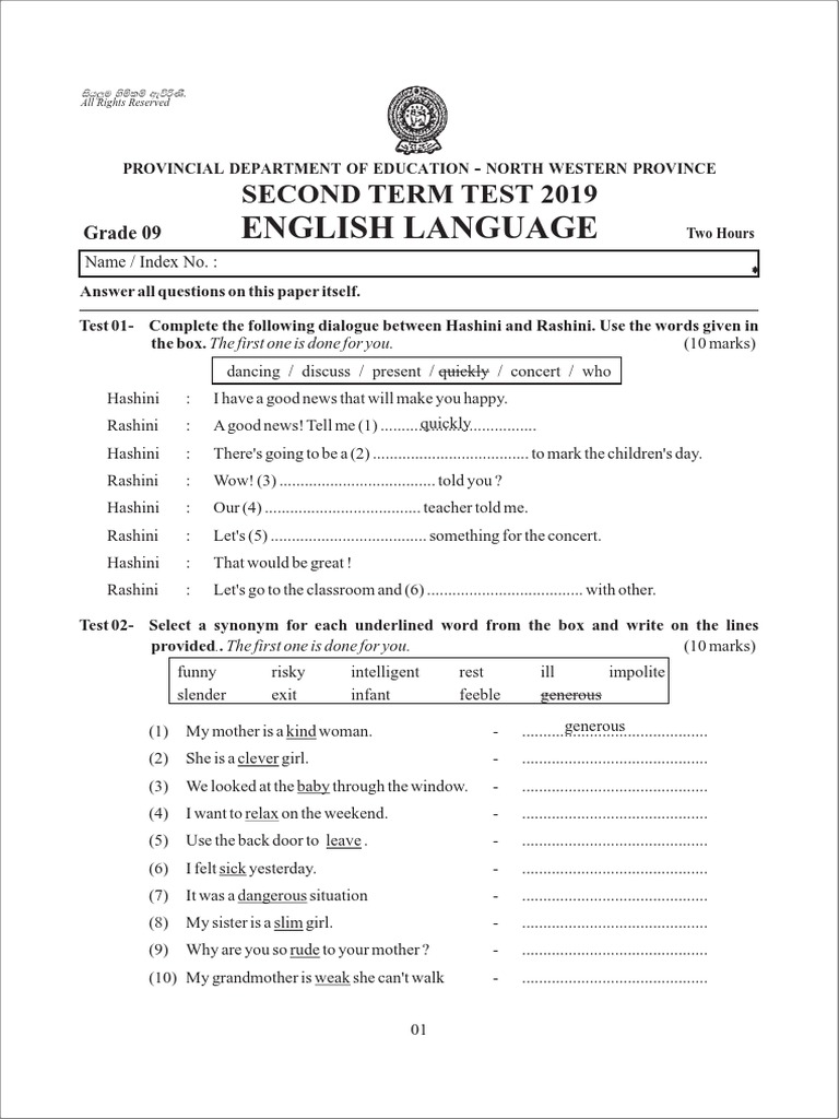 North Western Province Grade 9 English 2019 2 Term Test Paper ...