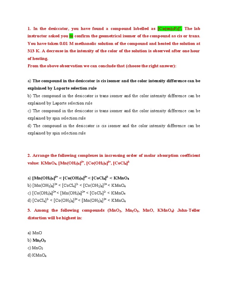 CY101-Inorganic Quiz-Questions-Final | PDF | Coordination Complex ...