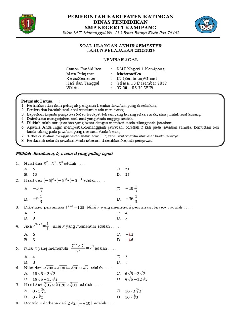 Soal Ulangan MTK Ar22 Kelas 9 SMT 1 22 | PDF | Metode & Bahan Ajar
