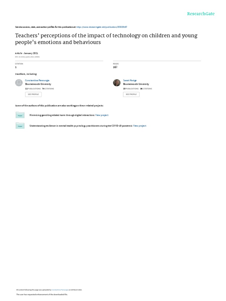 Teachers' Perceptions of The Impact of Technology On Children and Young People's Emotions and ...