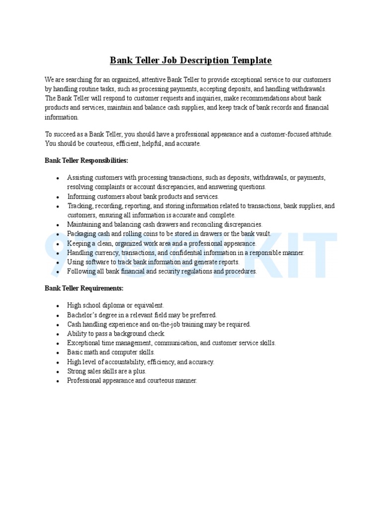 Bank Teller Job Description Template | PDF | Business | Finance & Money ...