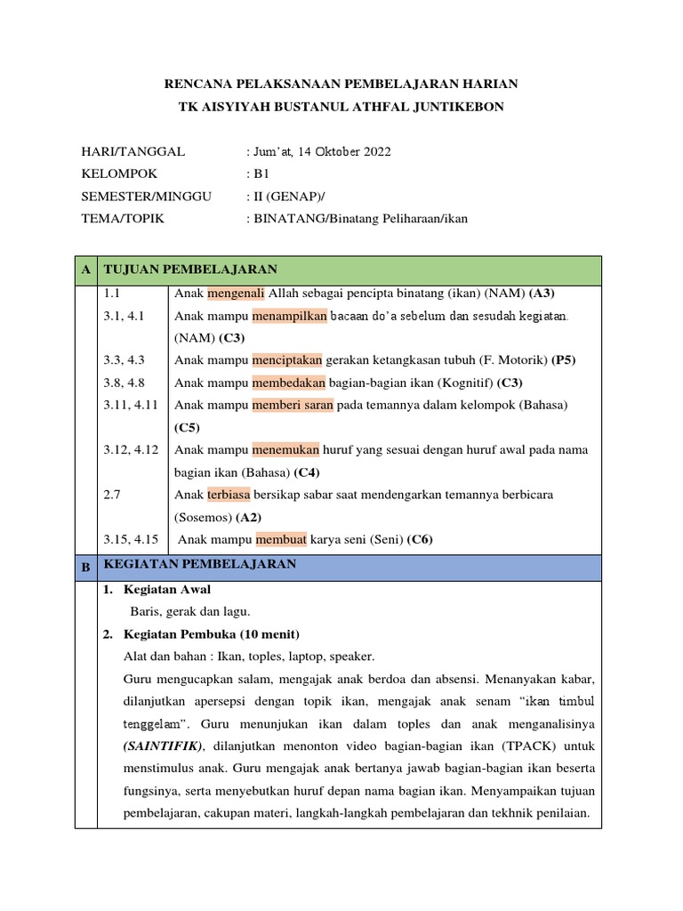 RPPH TK Tema Ikan | PDF