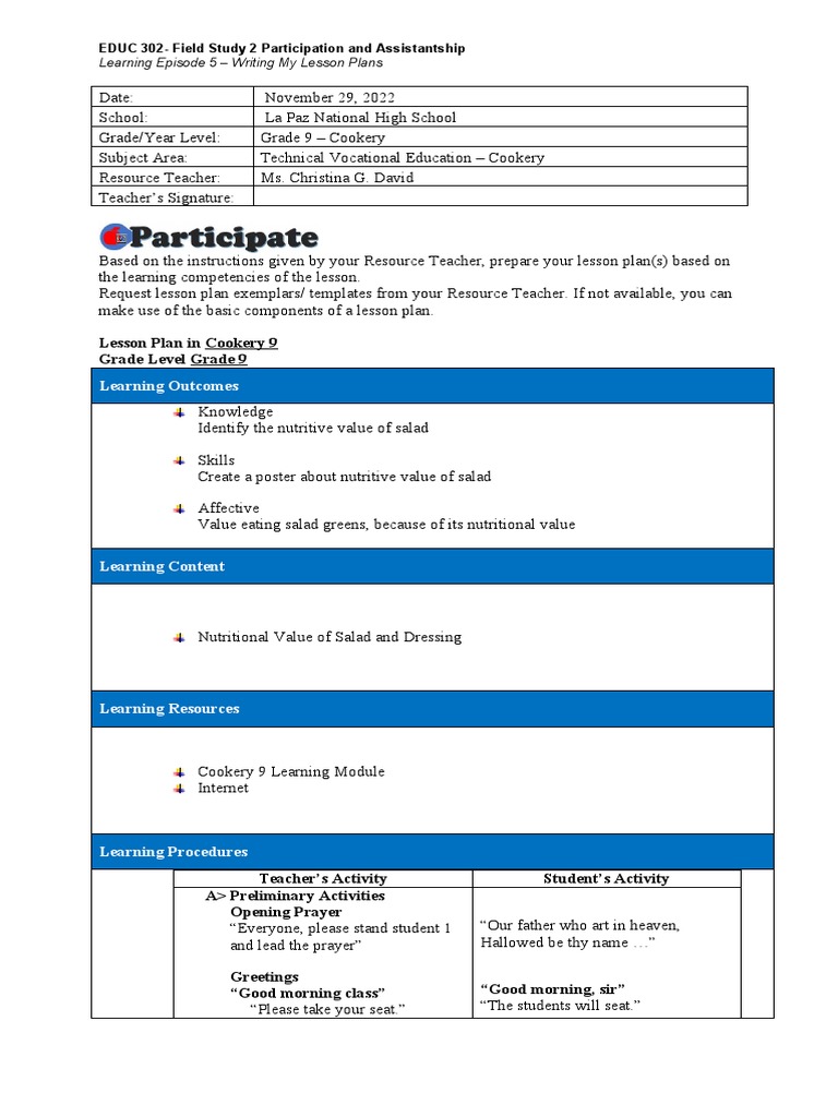FS 2 LE 5 Act1 | PDF | Learning | Lesson Plan